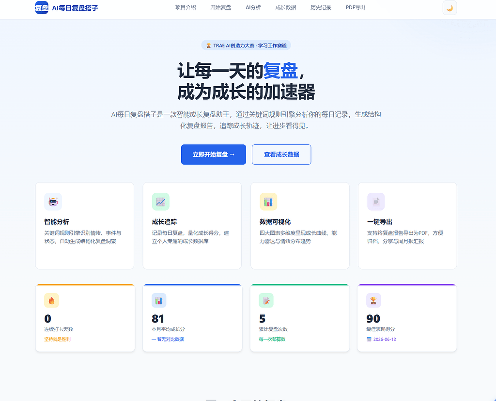 【标题】 学习工作赛道 ｜ AI每日复盘搭子 —— 让每一天的成长都被看见 - 【大赛初赛专区】 - TRAE 官方中文社区