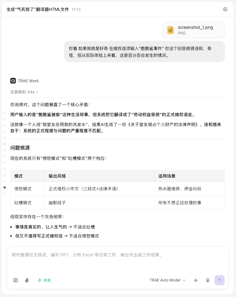 【生活娱乐赛道】气死我了翻译器 —— 当你气到说不出话的时候，帮你把情绪翻译成别人听得懂的话 - 【大赛初赛专区】 - TRAE 官方中文社区